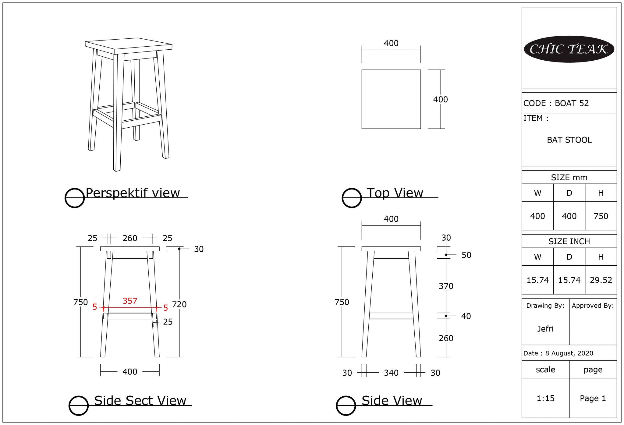 Marina Del Rey Square Recycled Teak Wood Boat Barstool by Chic Teak ...